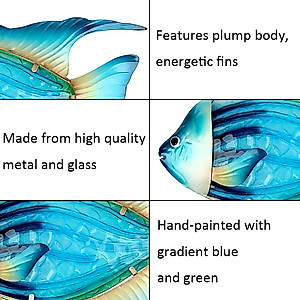 Tfro & Cile Metal Fish Wall Decor Bathroom Glass Art Iron Sculpture Outdoor Blue Ocean Hanging Decoration for Home Bedroom Garden Patio Porch or Fence