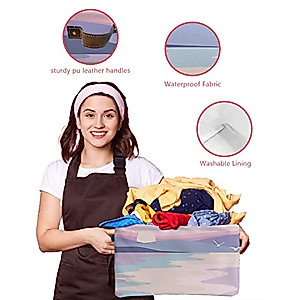 Landscape Storage Bins for Organizing, Decorative Large Closet Organizers with Handles Cubes - 1 Pack Fabric Baskets for Shelves, Closets, Laundry, Nursery, Ocean Sunset Scenery Modern Art Purple