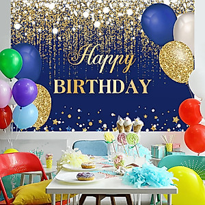 Aperturee Blue and Gold Happy Birthday Backdrop 7x5ft Glitter Golden Dots Diamonds Balloons Women Girls Sweet 16 Bday Photography Background Party Decorations Cake Table Banner Photo Booth Props