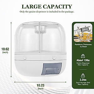 InnaMall Grains Storage Dispenser, 6 Grids Beans Container Storage with Sealed lid 13LBS Grain Container Distribution Bucket 360° Rotating Round Food Dispenser One-Click Output Rice Storage