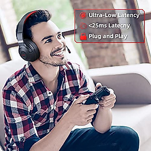 2.4Ghz Wireless Gaming Headset for PC, PS5, PS4, MacBook, with Microphone, Over-Ear Bluetooth Headphones for Cell Phone, Soft Earmuff - 40 Hours Playtime, Only Wired Mode for Xbox Series, Red