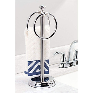 mDesign Steel Towel Rack Holder Stand with 2 Hanging Rings for Bathroom Vanity Countertops - Space Saving Hand Towel Holder - Hyde Collection - Chrome/Brushed