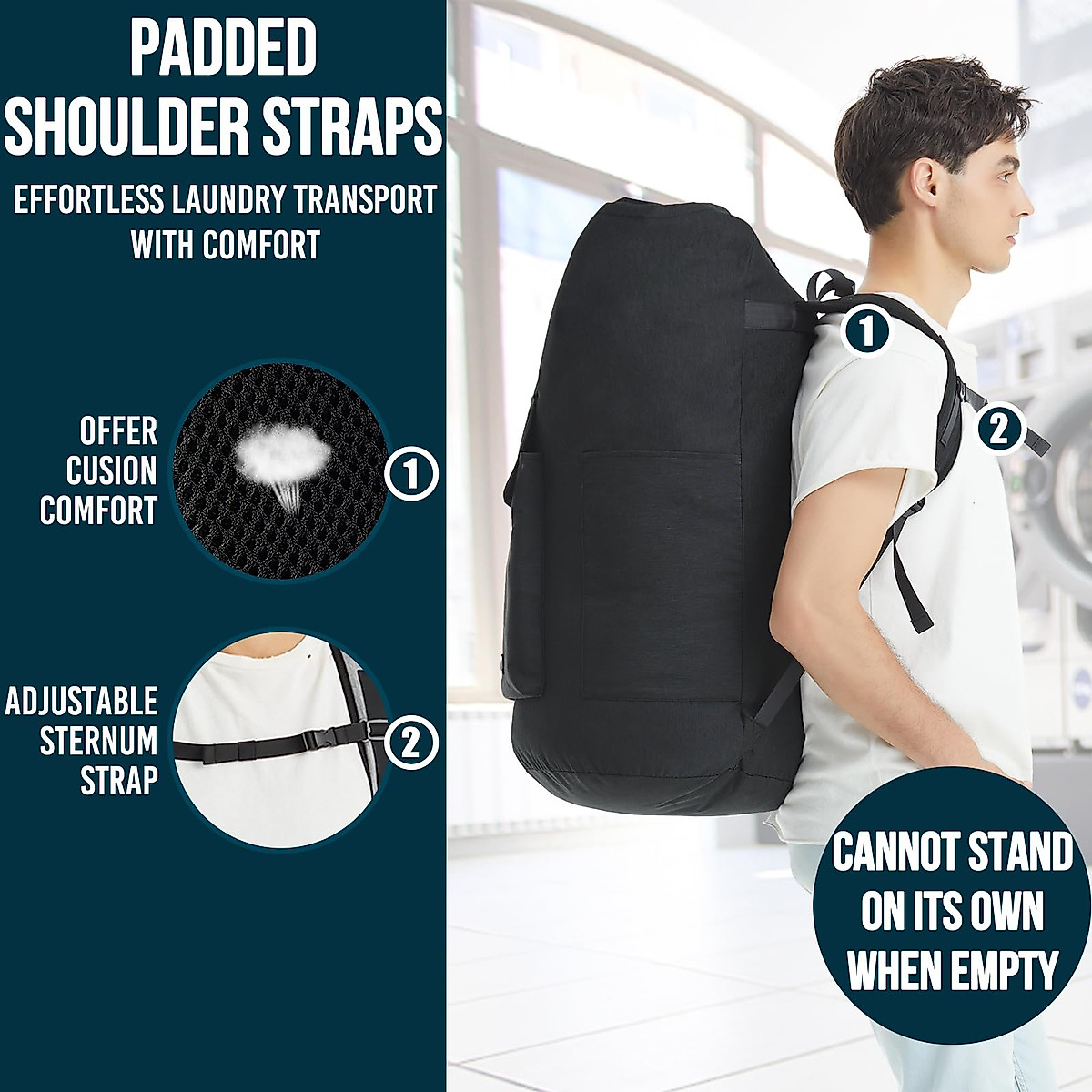 Laundry Bag Extra Large 115L, Laundry Backpack Bag, Laundry Bags Extra Large Heavy Duty, Laundry Bag with Straps, Backpack Laundry Bag with 4 Pockets, College Laundry Bag for Dorm Room, Laundromat