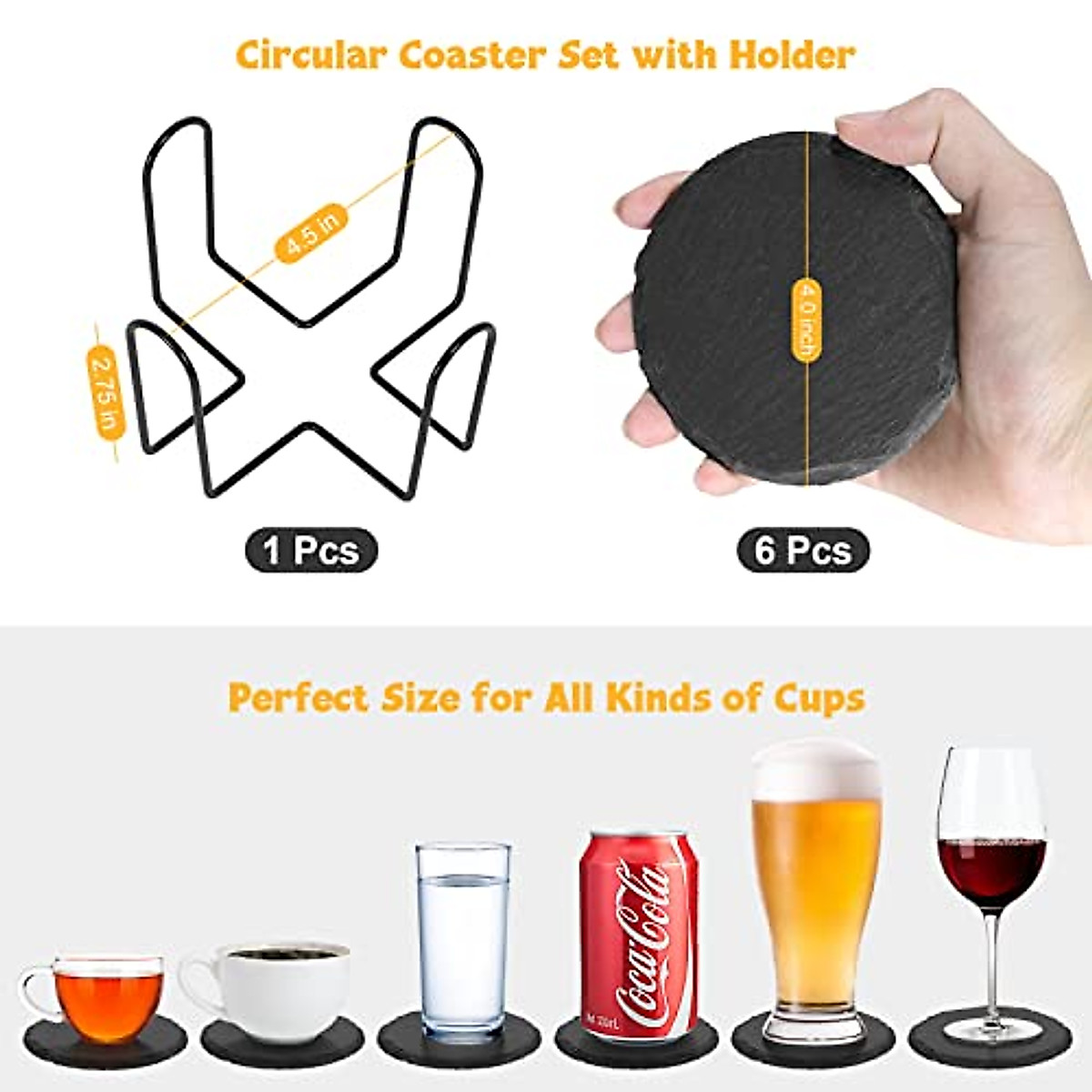 Black Slate Coasters for Drinks - Set of 6 - Anti-Scratch Drink Coasters with Holder - Natural Stone Coasters Bulk, Unique DIY Crafts - Cup Coaster Set for Home Decor, Bar, Coffee, Table
