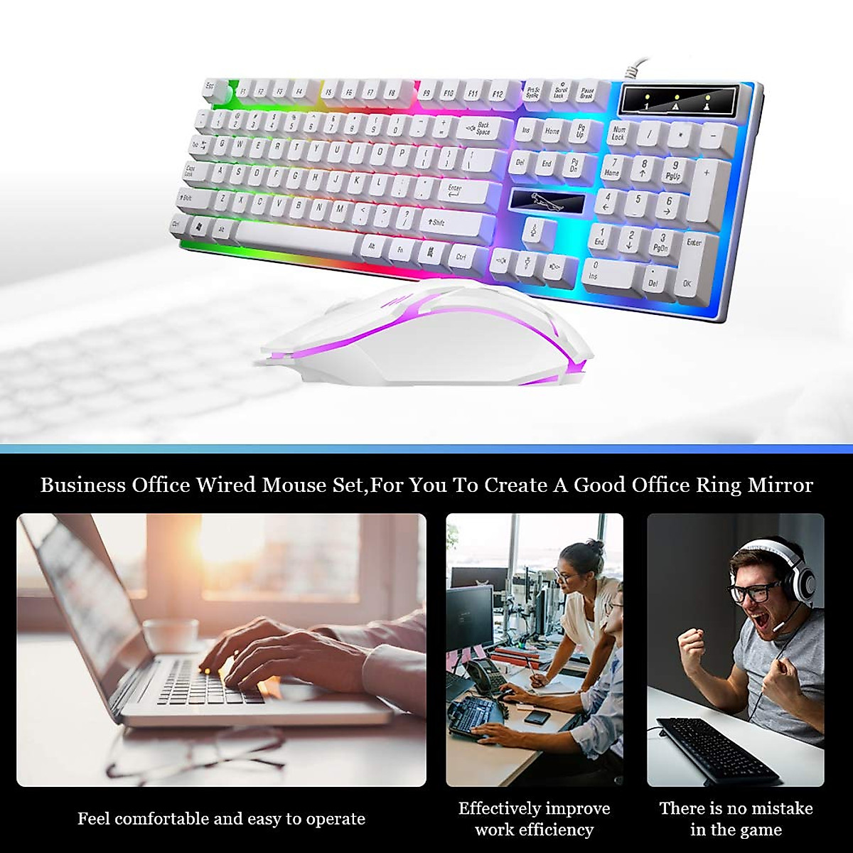BenRan Wired Gaming Keyboard Rainbow Backlit Mechanical Keyboard Mouse Combo, LED 104 Keys USB Ergonomic Keyboard, Mouse for PC Gamer(White)
