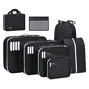 DIMJ Packing Cubes - 8 Packs Travel Organizer Bags for Luggage, Lightweight Travel Accessories, Travel Luggage Organizers with Laundry Bag, Shoe Bag, Toiletries Bag (Black)