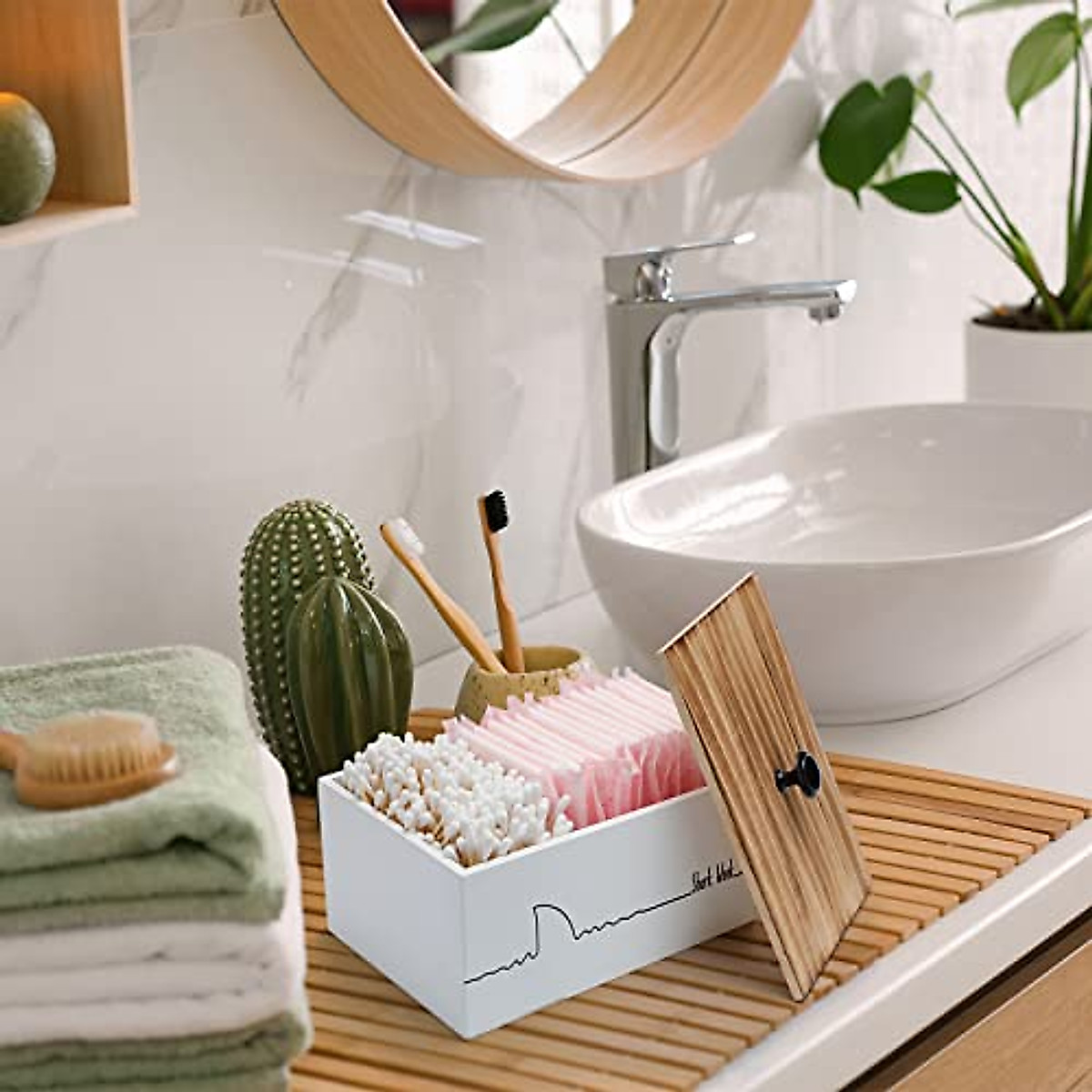 Hoolerry Wood Tampon Holder for Bathroom Farmhouse Pad and Tampon Organizer for Bathroom Feminine Product Organizer Rustic Tampon Storage Container for Bathroom Countertop (Simple Style)