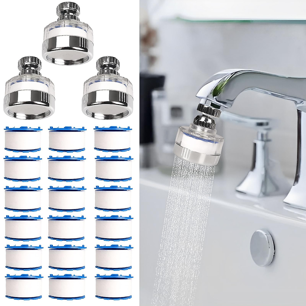 Dexspoeny 21Pcs Sink Water Filter with Filter Elements Set,Sink Faucet Filter 360°Rotating, Bathroom Sink Filter Removes Fluoride Hard Water, Faucet Filter Faucet Extender for Home Kitchen Sink