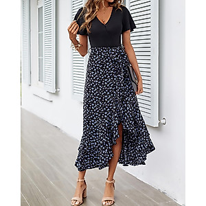 BTFBM Womens Maxi Summer Dresses 2025 Short Sleeve V Neck Boho Floral Print Belted High Low Ruffle Party Cocktail Dress(Floral Black Blue, X-Large)
