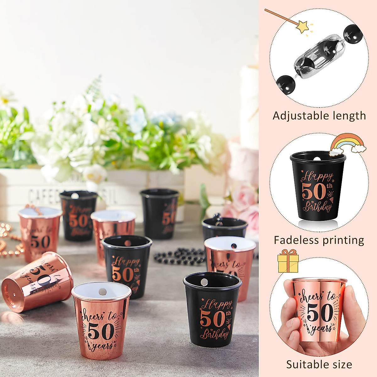 Uiifan 12 Pieces 40th 50th 60th Shot Glasses Necklace Birthday Plastic Cups Necklace on Beaded for Birthday Party Anniversary Supplies, Black and Rose Gold(50th)