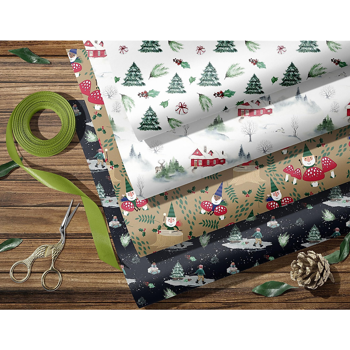 SaringSwoon Christmas Wrapping Paper for Kids, Adults - Winter Xmas Watercolor Gift Wrap With Gnome, Rustic House on Brown, Black, White - 43×29 Inches, 6 Folded Jumbo Sheets, Recyclable
