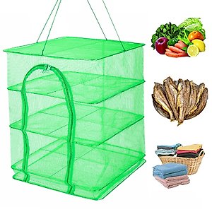WEISGJA Hanging Drying Rack 4 Layers Foldable Nylon Netting, Folding Fish Mesh, Drying Fish Net for Shrimp Fish Fruit Vegetables Herb, with Zipper Opening, Green (22.4X15.7X25.5 in/Large)