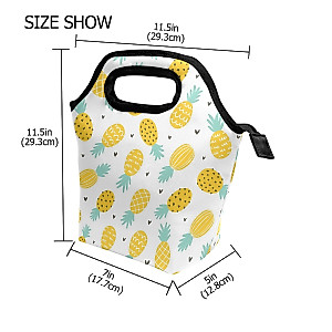 Neoprene Lunch Bag Pineapple And Hearts Printed Tote Reusable Insulated Waterproof School Picnic Carrying Gourmet Lunchbox Container Organizer For Men, Women, Adults, Kids, Girls, Boys
