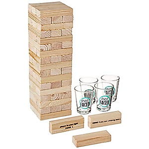 Game Night Tipsy Tower Drinking Game Adult Party Game Set with 54 Stacking Wooden Blocks & 4 Durable Lead-Free Shot Glasses Great Gift Idea for 21st Birthday,Brown,10 in x 9 in x 3 in