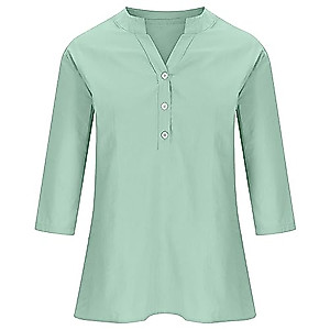 KSODFNXH 3/4 Length Sleeve Womens Tops Summer Solid Color V-Neck Button Down Shirts Casual Linen Plus Size Short Sleeve