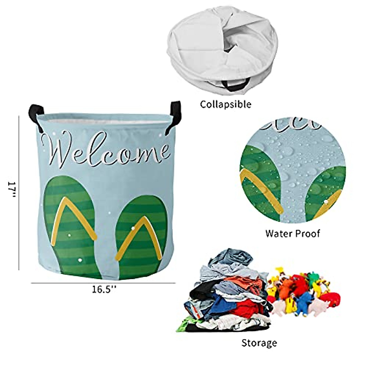 Laundry Basket Hamper with Handles, Cartoon Summer Flip Flop Waterproof Laundry Bin Foldable Clothes Basket for Storage Toys and Clothing Text Welcome Blue Backdrop 16.5x17 Inch