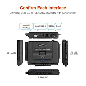 WEme USB 3.0 to SATA/IDE Adapter with Universal 2.5/3.5 Hard Drive Disk Converter for HDD/SSD & IDE HDD Support 6TB and One-Touch Backup Include 12V 2A Power Adapter + USB 3.0 Cable for Laptop