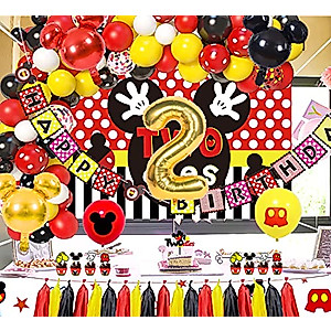 PYCALOW Mickey 2nd Birthday Party Supplies Decorations Include Oh Twodles Backdrop, Banner, Balloons Graland Arch, Welcome Hanger, Tablecloth, Hat, Topper, Tassels, Mickey Theme Mouse Party Supplies