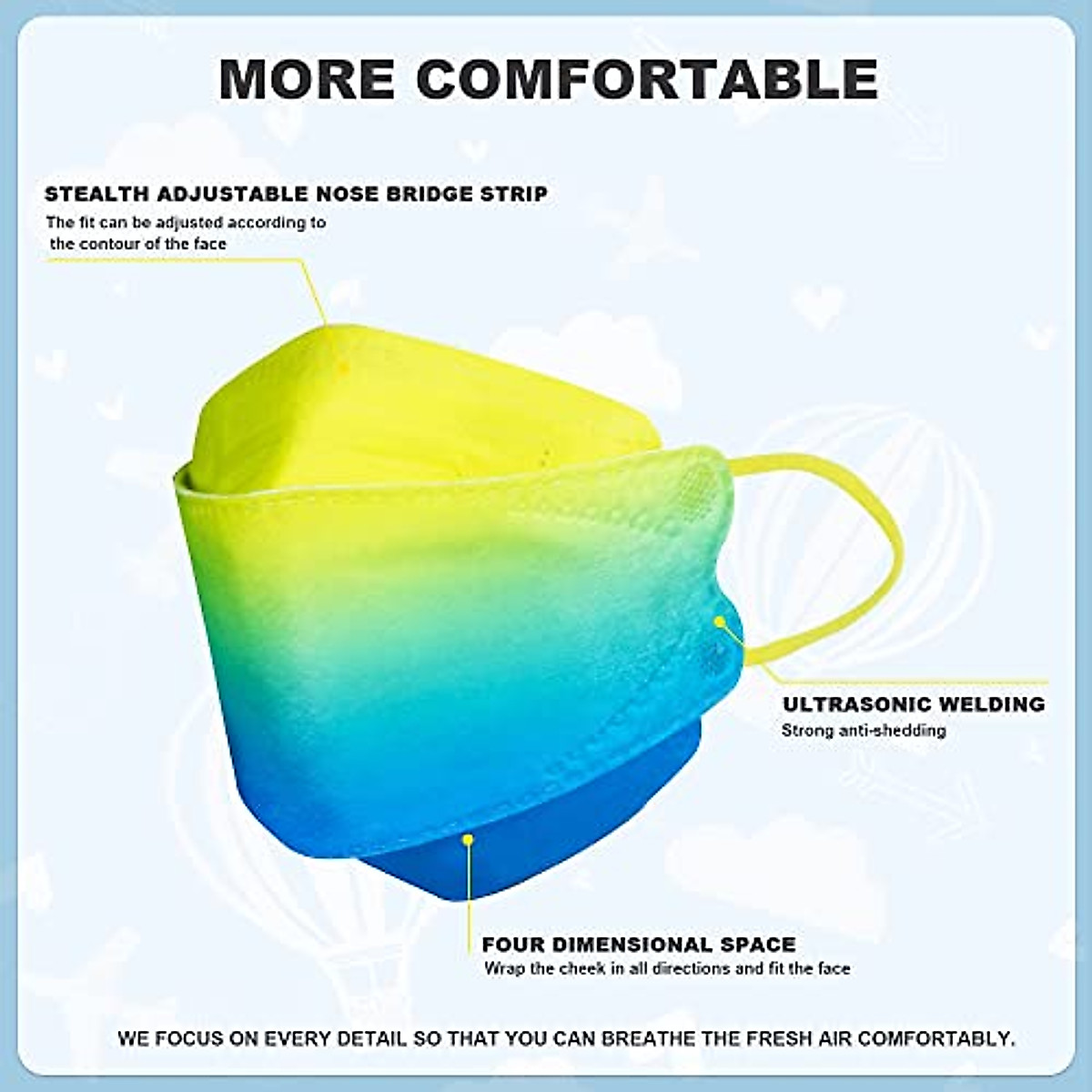 Sheal 50PCS Disposable 4-Layer Kids Face Masks Protection Breathable Comfortable 5 Gradient Colors for Kids (3-5 Years)