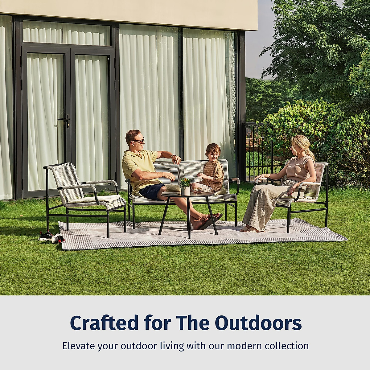 EAST OAK 4 Piece Patio Furniture Set, Outdoor Furniture with PE Wicker Rattan Chairs and Coffee Table, Modern Patio Conversation Set with Soft Pad for Garden, Backyard and Porch, Apricot