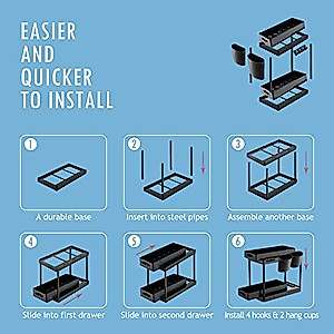 2 Tier Under Sink Organizers and Storage with 2 Sliding Drawers, Bathroom Organizer Under Sink Shelf, Multi-use Under Sink Storage Kitchen Basket with Hooks & Hang Cups for Countertop Cabinets