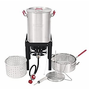 Creole Feast TFP1030 Turkey and Fish Fryer Pot Seafood Boiler Steamer Kit, 50000 BTU Propane Gas Burner, Silver