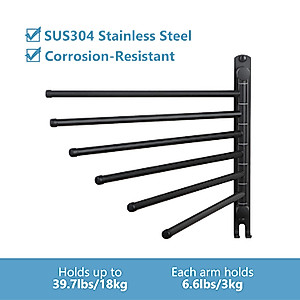 Space Saving Towel Rack JSVER Black Space Saving Towel Holder, Towel Rack Wall Mounted, Swivel Hand Towel Holder, 6-Arms Towel Bar, Towel Racks for Bathroom