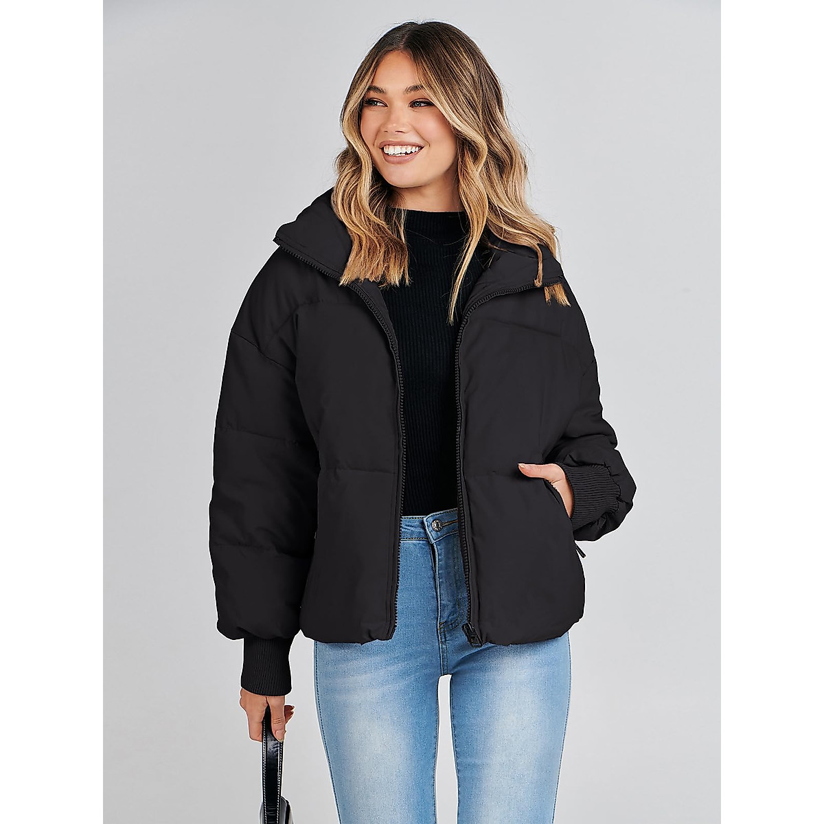 MEROKEETY Women's 2025 Winter Long Sleeve Zip Puffer Jacket Pockets Baggy Short Coats, Black, L