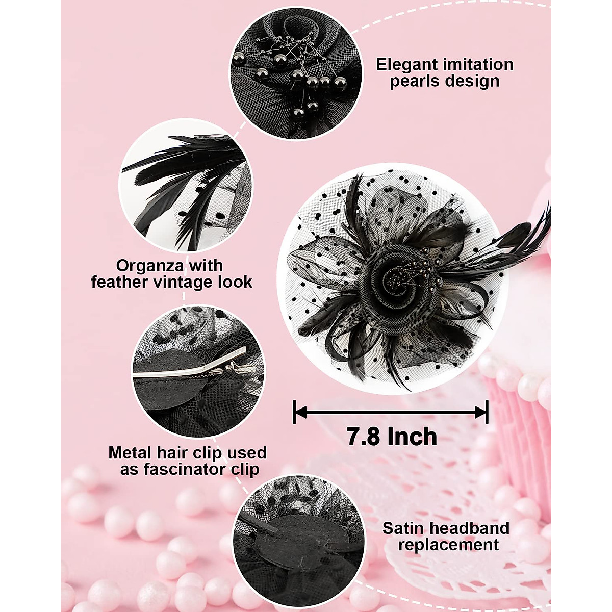 Fascinators for Women Kentucky Derby Hats,Tea Party Hat Headband Hair Clip for Wedding Cocktail Black