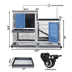 BESTDOOR 43.3'' Rabbit Hutch, Wood Indoor Rabbit Cage On Brake Wheel, Outdoor Large Rolling Bunny Hutch w/Run, Small Animal Guinea Pig Hamster Hedgehog House w/2 Deeper No Leak Tray (Grey White)