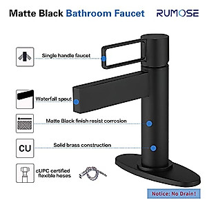 RUMOSE Black Bathroom Faucet Single Handle Bathroom Sink Faucet Basin Mixer Tap with 6 in Deck Plate for 1 & 3 Hole Waterfall Spout Bathroom Faucet Rv Lavatory Vessel Faucet, Brass, Matte Black
