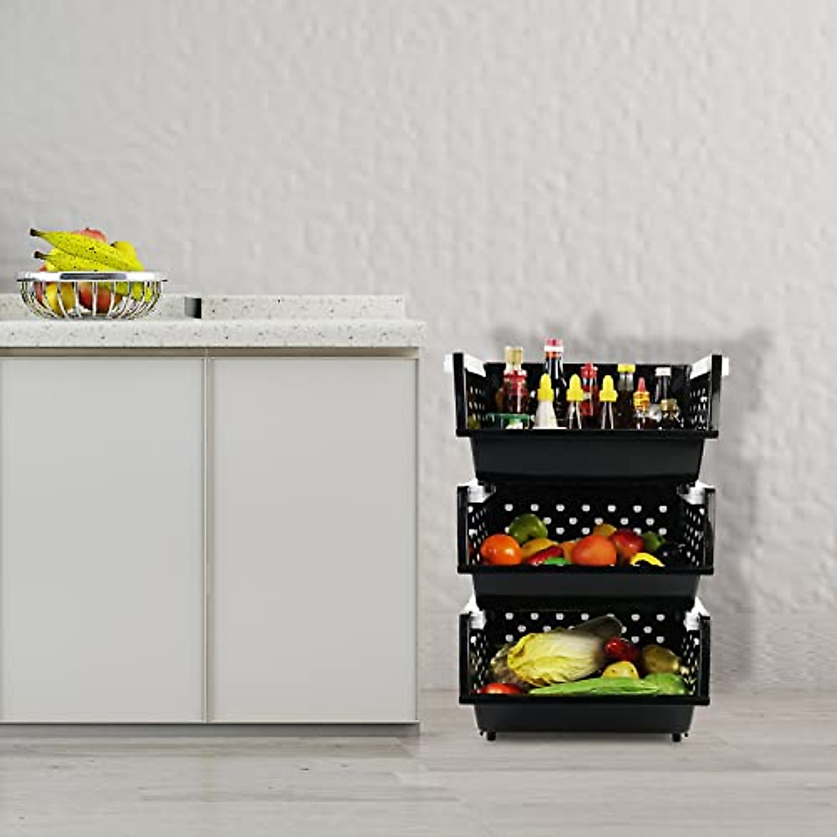 Wekioger 4 Pack Plastic Stackable Storage Baskets, Large Stacking Bins for Organizer, Black