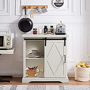 Okvnbjk Buffet Cabinet with Storage, Farmhouse Coffee Bar Cabinet, 32in Sideboard Accent Cabinet with Sliding Barn Door, Buffets & Sideboards for Kitchen Living Room (White)
