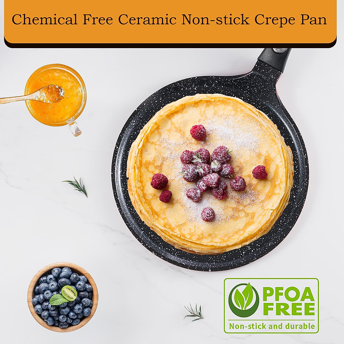 ROSSETTO Non-Stick Crepes Pan from France, Red 9.5in Ceramic Coating Pancake Skillet with Spreader, PFOA and PTFE-Free, Compatible with All Stovetops, for pancakes, eggs, omlets, quesadillas,tortillas