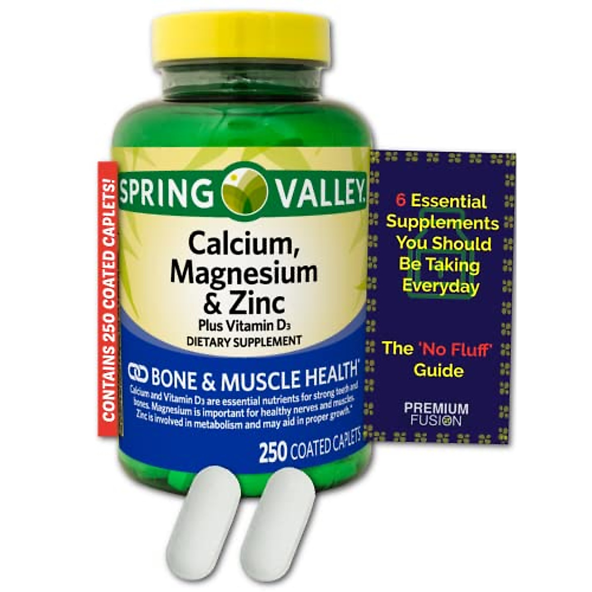 Calcium Magnesium & Zinc Plus - Vitamin D3 Coated Caplets | 250 Caplets | Spring Valley - Healthy Bones, Teeth, Nerve, Muscle, Heart & Immune Function + Vitamin Pouch and Guide to Supplements