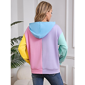 SweatyRocks Women's Cute Color Block Long Sleeve Pullover Hooded Sweatshirts Top Purple Pink M