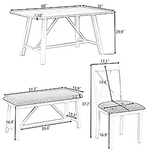 Merax 6 Piece Kitchen Dining Table Set, Wooden Rectangular Dining Table with Bench and 4 Chairs, Polyester Fabric, Rustic Style, Kitchen Furniture Set for 6 People, White+Gray