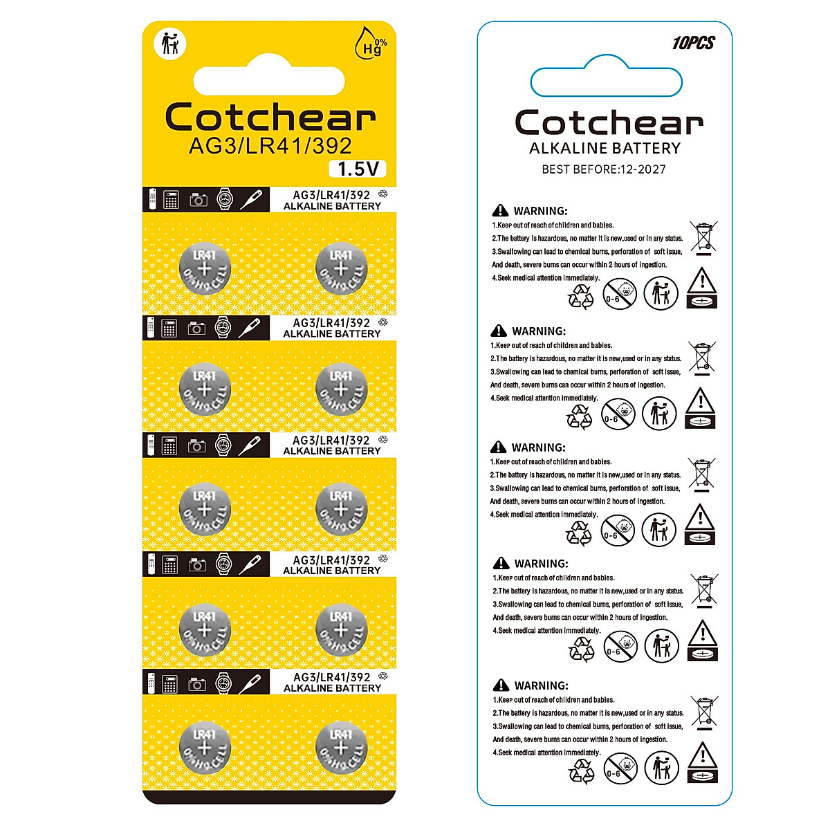 Cotchear 10pcs AG3 LR41 Battery 392 384 192 SR41SW CX41 L736 Batteries L736f Battry 1.5V LR41 Button Batteries for Watch Toys Clock