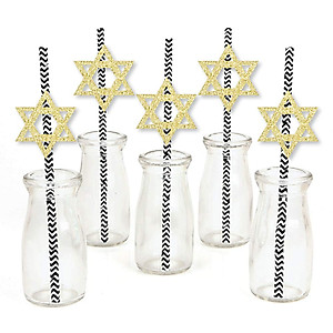 Gold Glitter Star of David Party Straws - No-Mess Real Gold Glitter Cut-Outs & Decorative Hanukkah Paper Straws - Set of 24