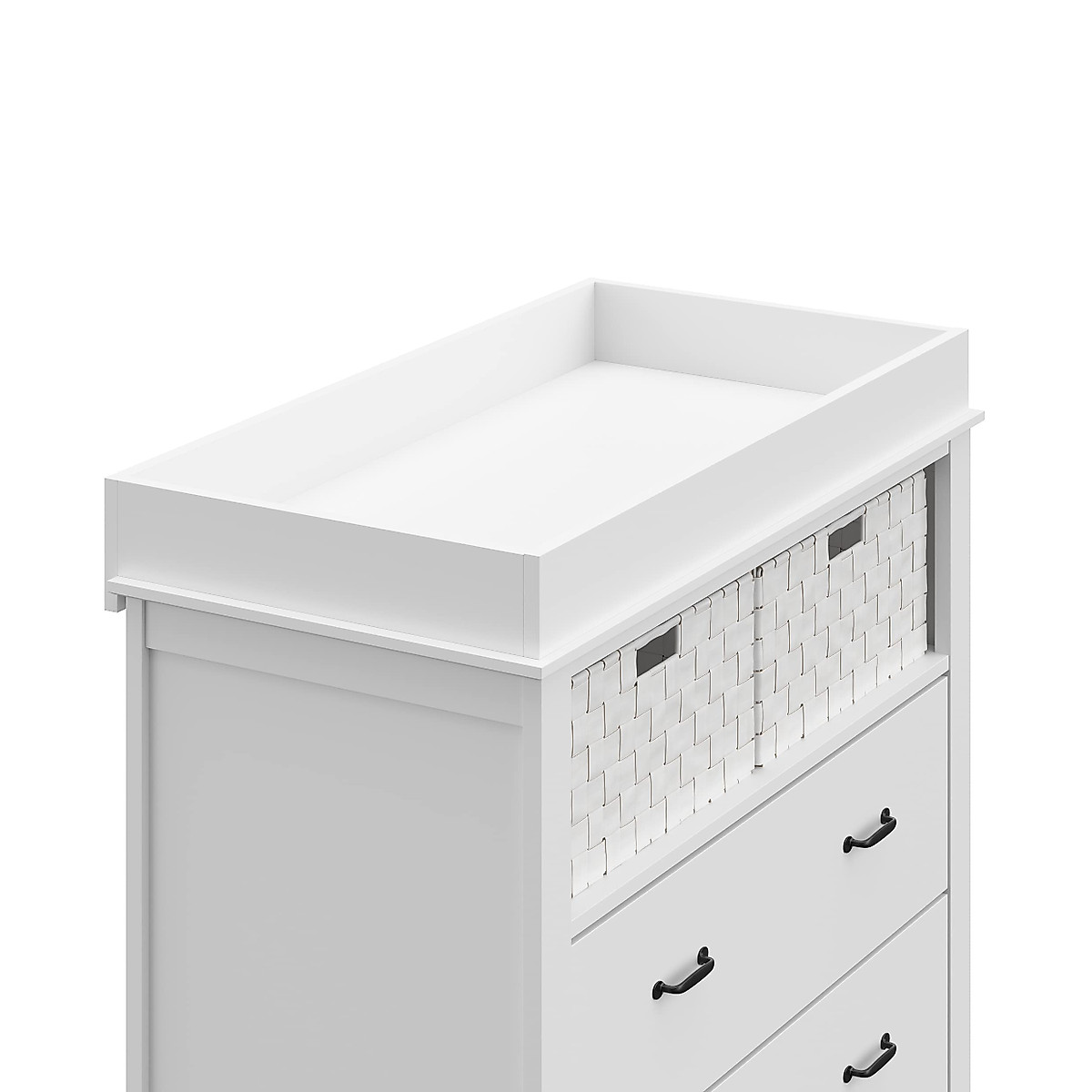Storkcraft Forrest 2 Drawer Changing Table Chest with Baskets, Attached Changing Topper Fits Standard Size Changing Pad, 2 Drawers and 2 Open Shelves, White