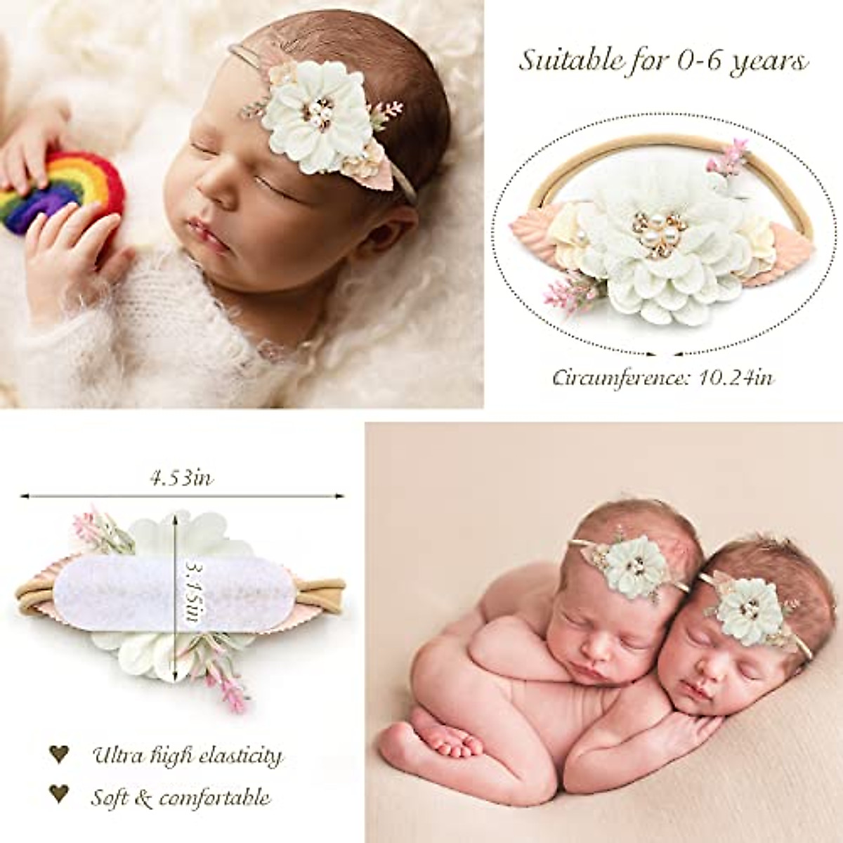 SPOKKI 3 Pcs Newborn Photography Props Outfits Set, Knitted Blanket for Baby Photo Props, Beige Elastic Wrap for Photoshoot, Flower Headband for Infant Boys Girls, Baskets Filler Posing Props