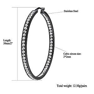 2 Inch Black Large Hoop Earrings for Women Stainless Steel Hypoallergenic Big Hoop Earrings White Cubic Zircon Hoops Rhinestone Crystal Earrings for Sensitive Ears 50mm