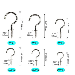 KUUQA 75 Pcs Multi-Size Nickel Plated Metal Ceiling Hooks Screw Cup Hook Holder (Silver)