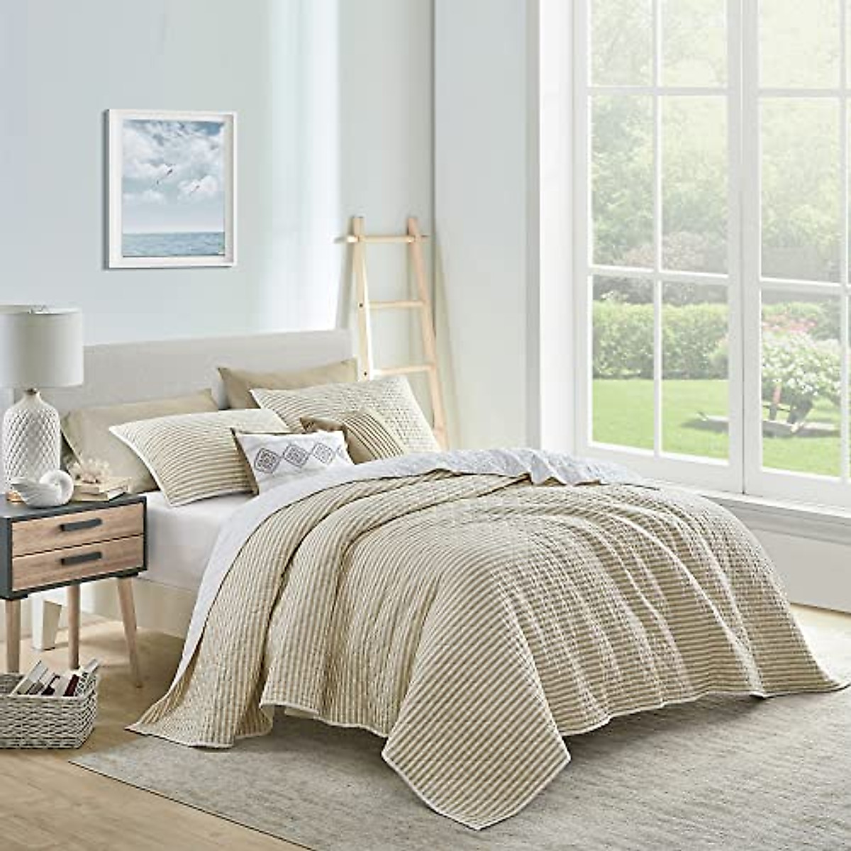 SHALALA King Size Quilt Sets,Kahki and White Striped Quilt Bedding Set,Soft Microfiber Bedspread and Coverlet with 2 Decorative Pillowsfor All Season (King,5pcs,106inches x 96inches)