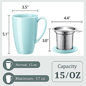 Yedio Porcelain Tea Mug with Infuser and Lid- 15 Ounce Tea Cup with Filter for Tea, Milk, Coffee, Loose Leaf Tea Infusers, Turquoise