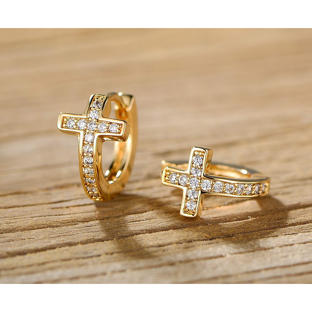 Barzel 18k Gold Plated Crystal Huggies Cross Earrings for Women - Made In Brazil