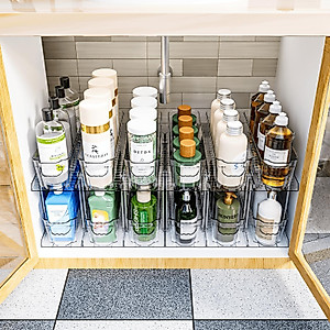 14.8" Deep 2 Tier Bathroom Storage Organizer, 4 Pack Clear Under Sink Organizers Vanity Countertop Storage Container, Medicine Cabinet Drawers Bins, Pull-Out Organization with Track for Pantry,Kitchen
