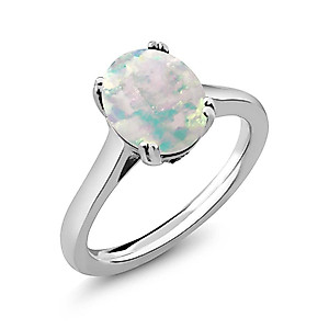 Gem Stone King 925 Sterling Silver White Simulated Opal and White Diamond Women Solitaire Ring (2.03 Ct Oval Cabochon 11X9MM, Gemstone Birthstone, Available In Size 5, 6, 7, 8, 9)