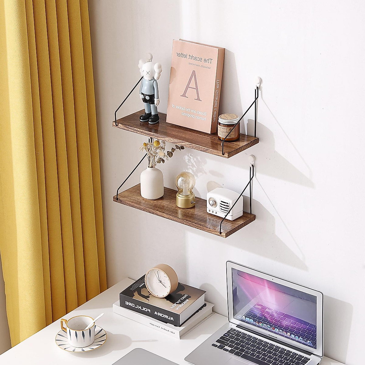 Floating Shelves for Wall No Drilling 16.53 Inch 2 Sets Rustic Natural Wooden Shelf Wall Mounted Storage 3 Mounting Option Renter Friendly Shelf for Bathroom Living Room Bookshelf Kitchen (Dark Brown)