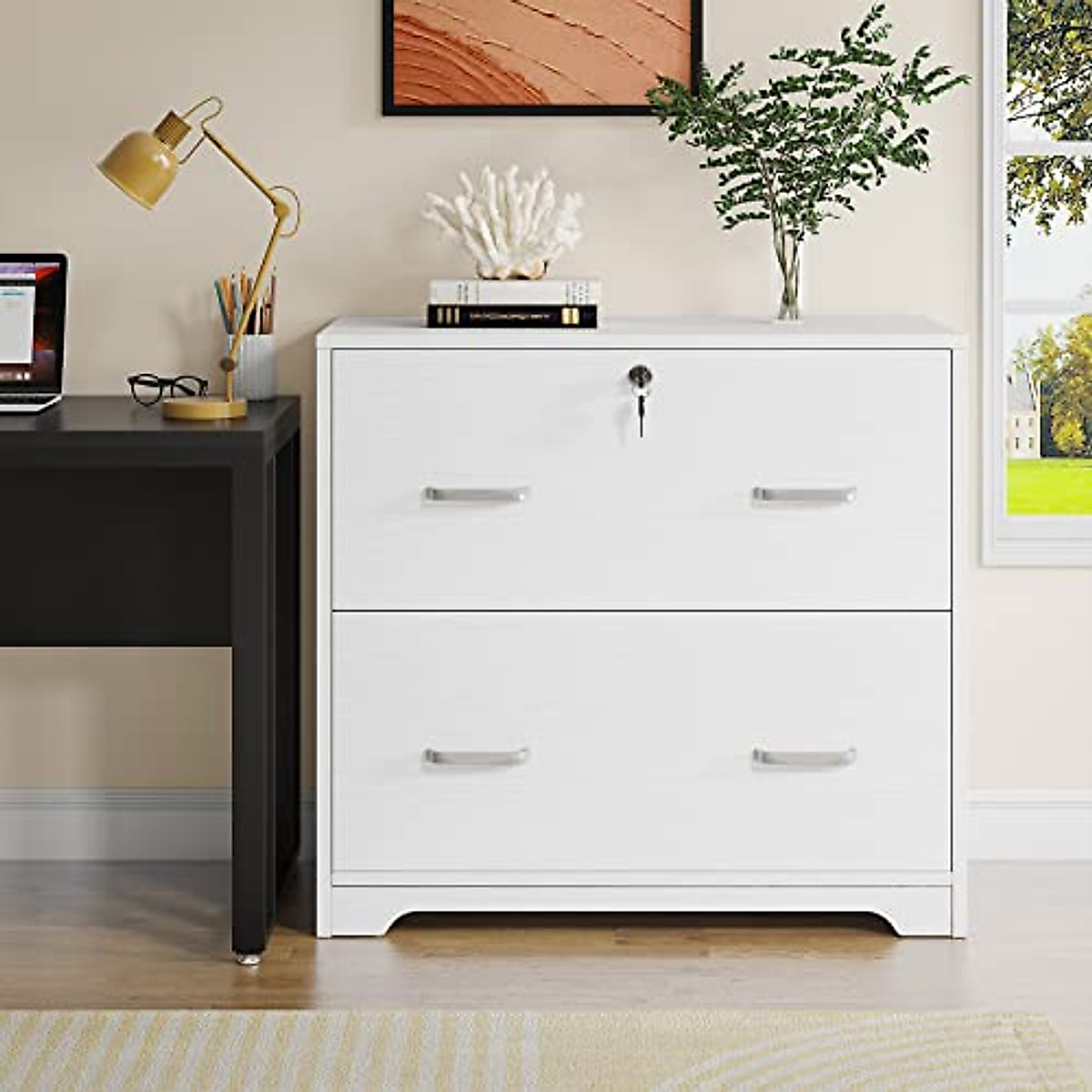 LITTLE TREE Lateral File Cabinet with 2 Drawers, 31.5 Inches Large Filing Cabinet for Hanging Letter/Legal/F4/A4 Size Files with Lock, Home Office, White